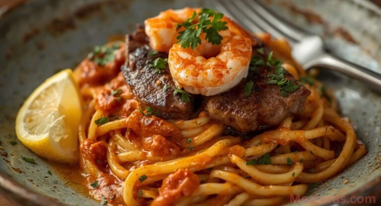 Calabrian Steak and Shrimp Bucatini Recipe Easy Surf and Turf Pasta